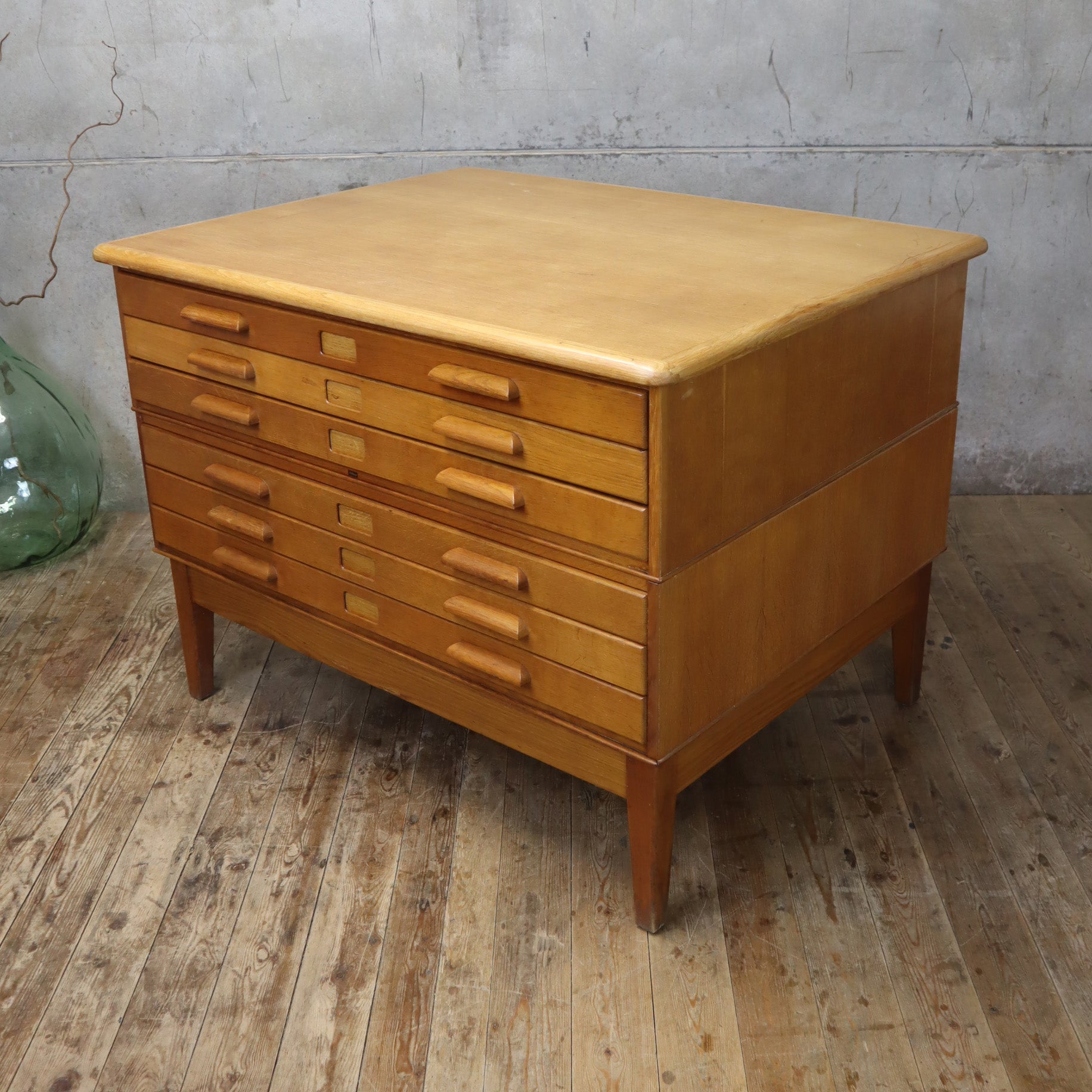 Mid Century Oak Plan Chest Architects Drawers - 0206h – Mustard Vintage