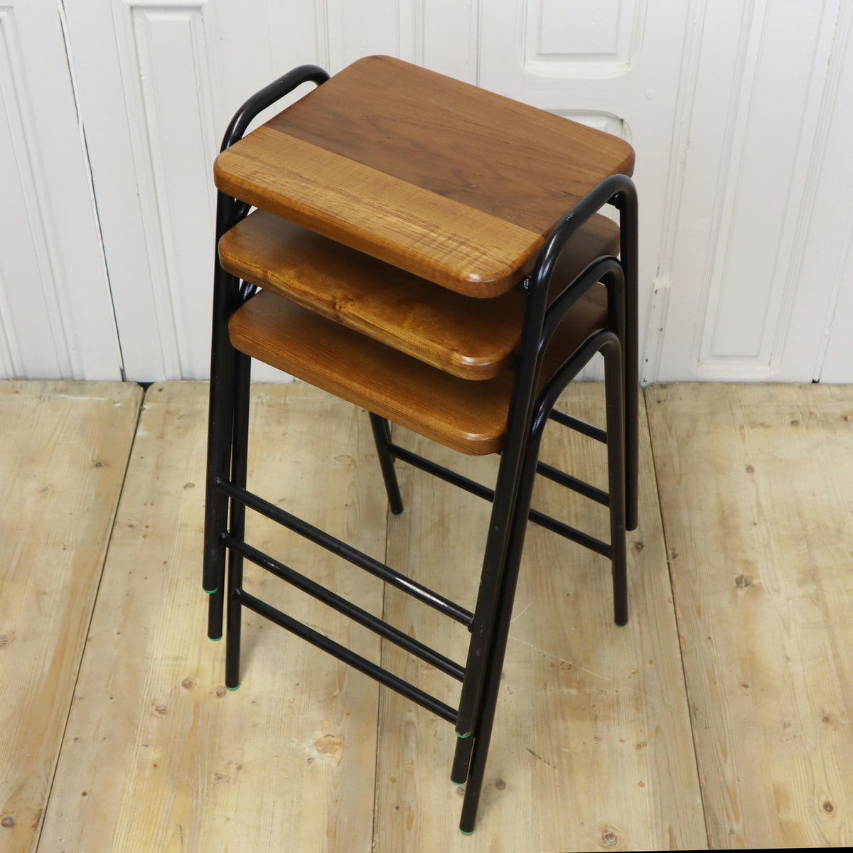 Vintage Reclaimed Iroko School Laboratory Stacking Stool – Mustard Vintage