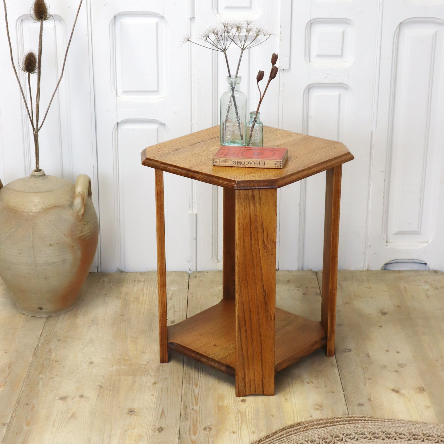 Vintage Art Deco Octagonal Solid Oak Side Table 2202i – Mustard Vintage