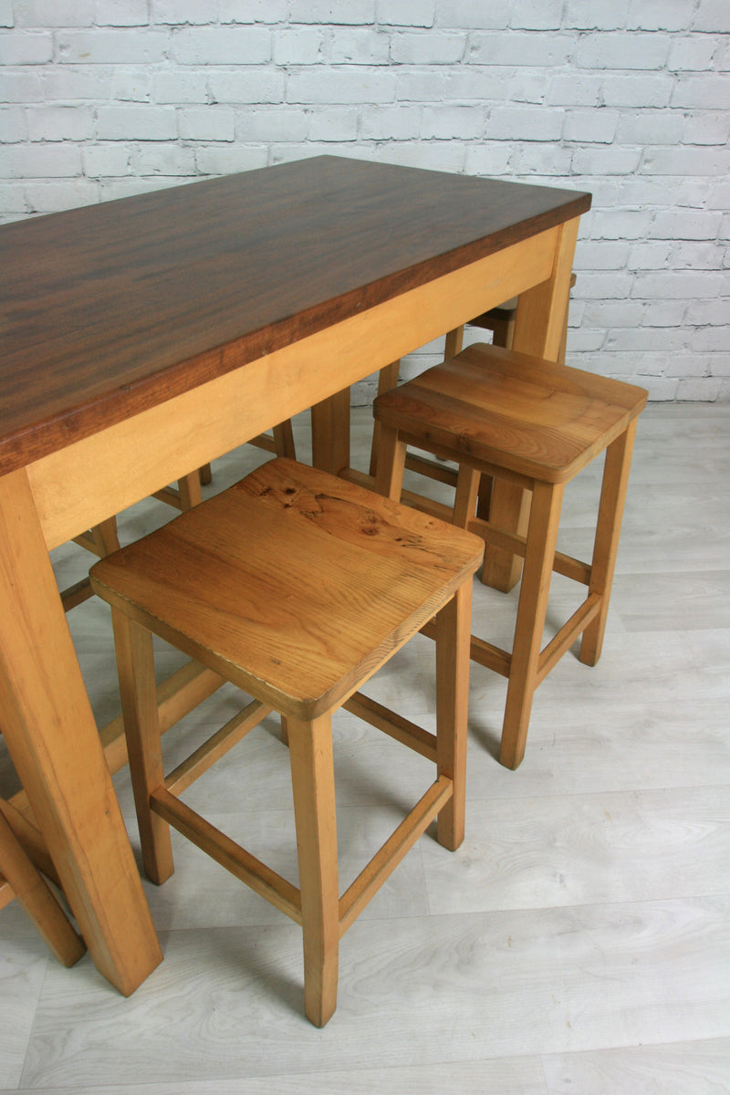 Vintage industrial Iroko school laboratory table & 6 beech stools ...