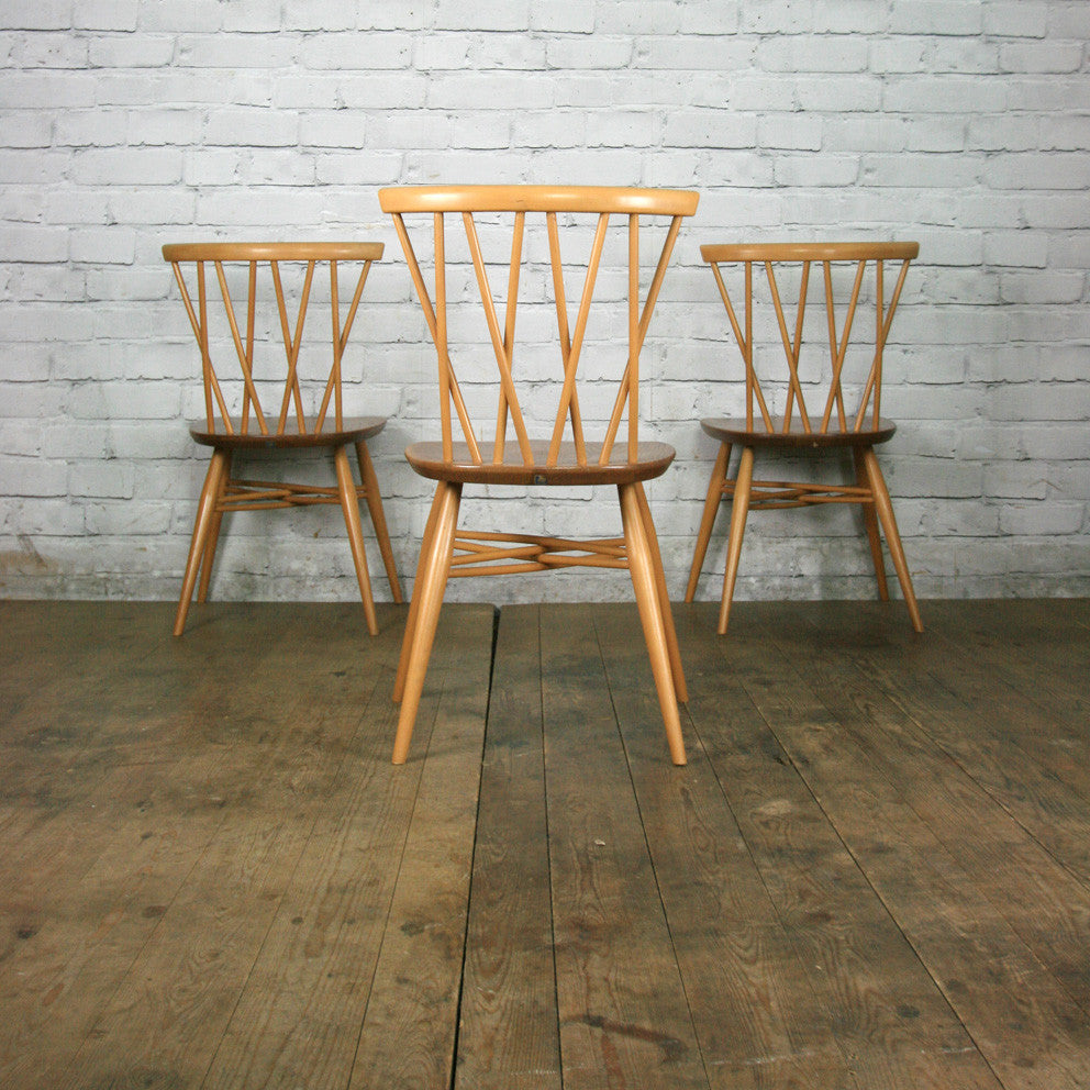 X3 Vintage Mid Century Ercol Candlestick Chiltern Chairs – Mustard Vintage