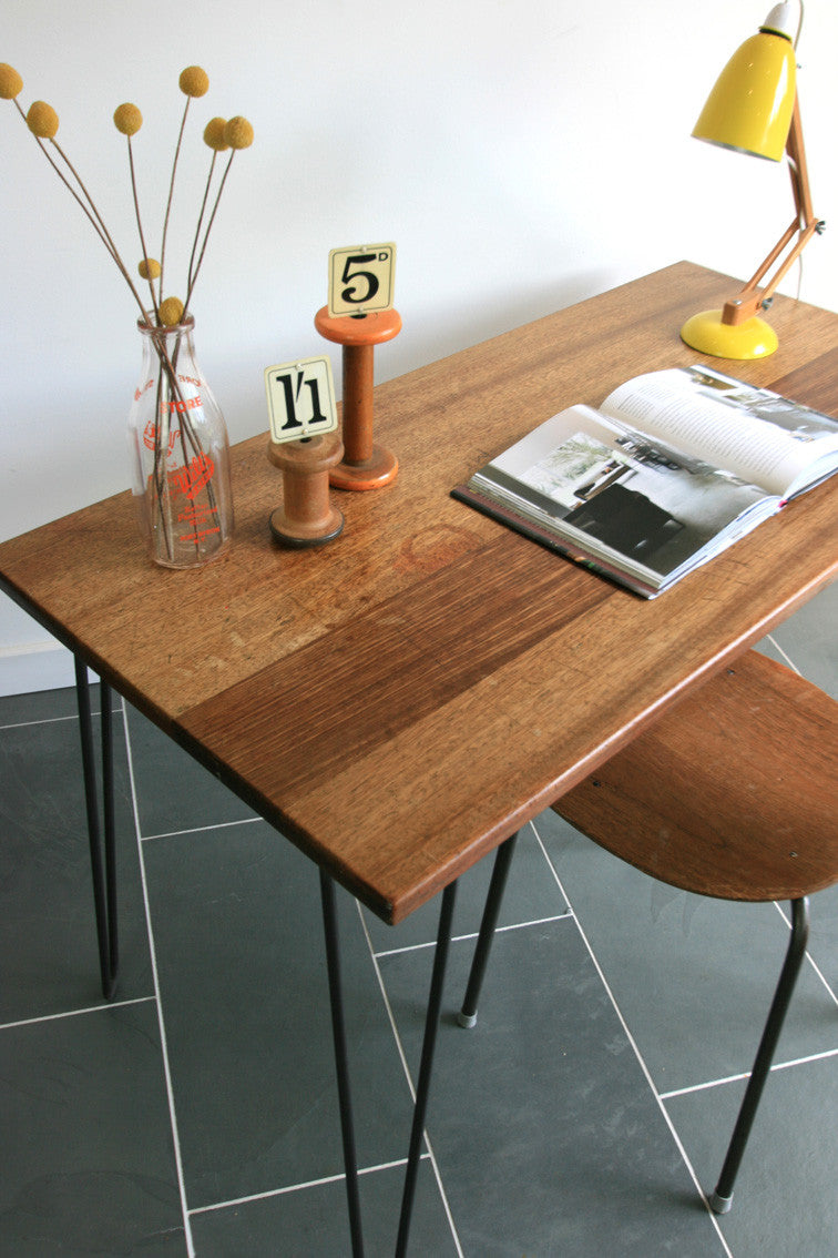 'The Hairpin' Iroko Desk with Steel Hairpin Legs – Mustard Vintage
