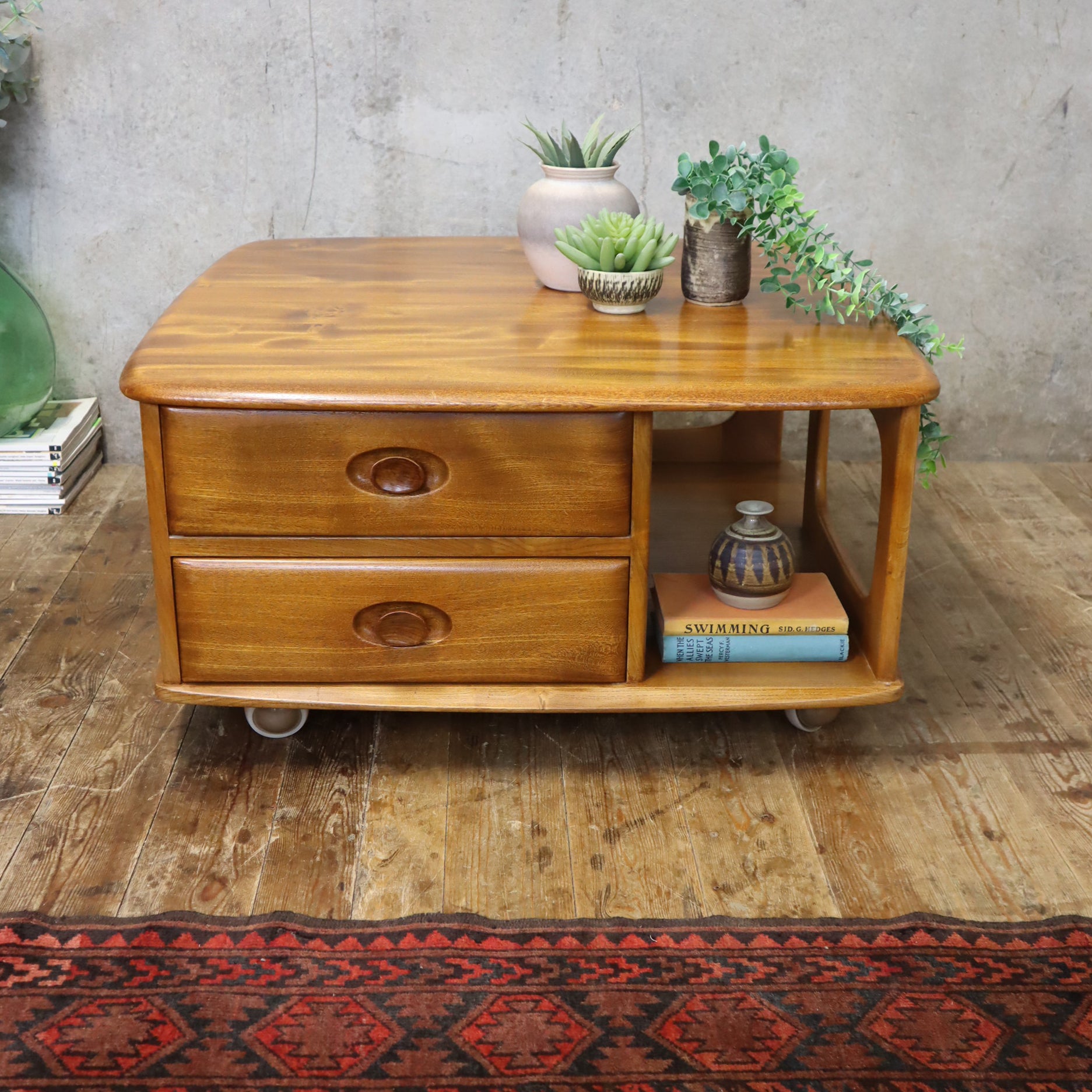 Mid Century Ercol Elm Pandora's Box Coffee Table – 1911g – Mustard Vintage