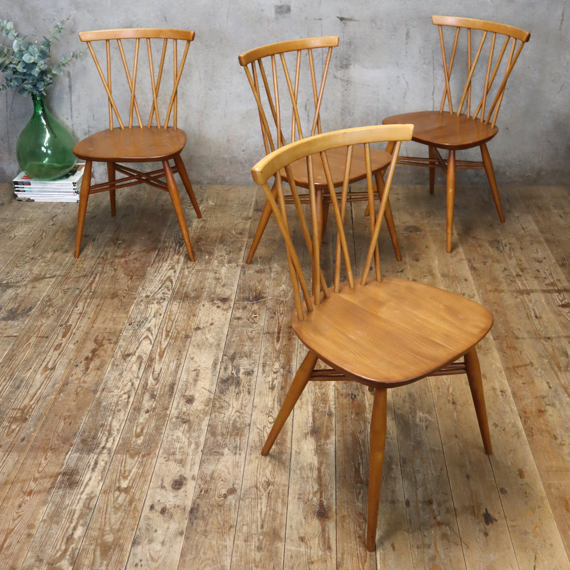 X4 Mid Century Ercol Candlestick Chiltern Chairs - 0804f – Mustard Vintage