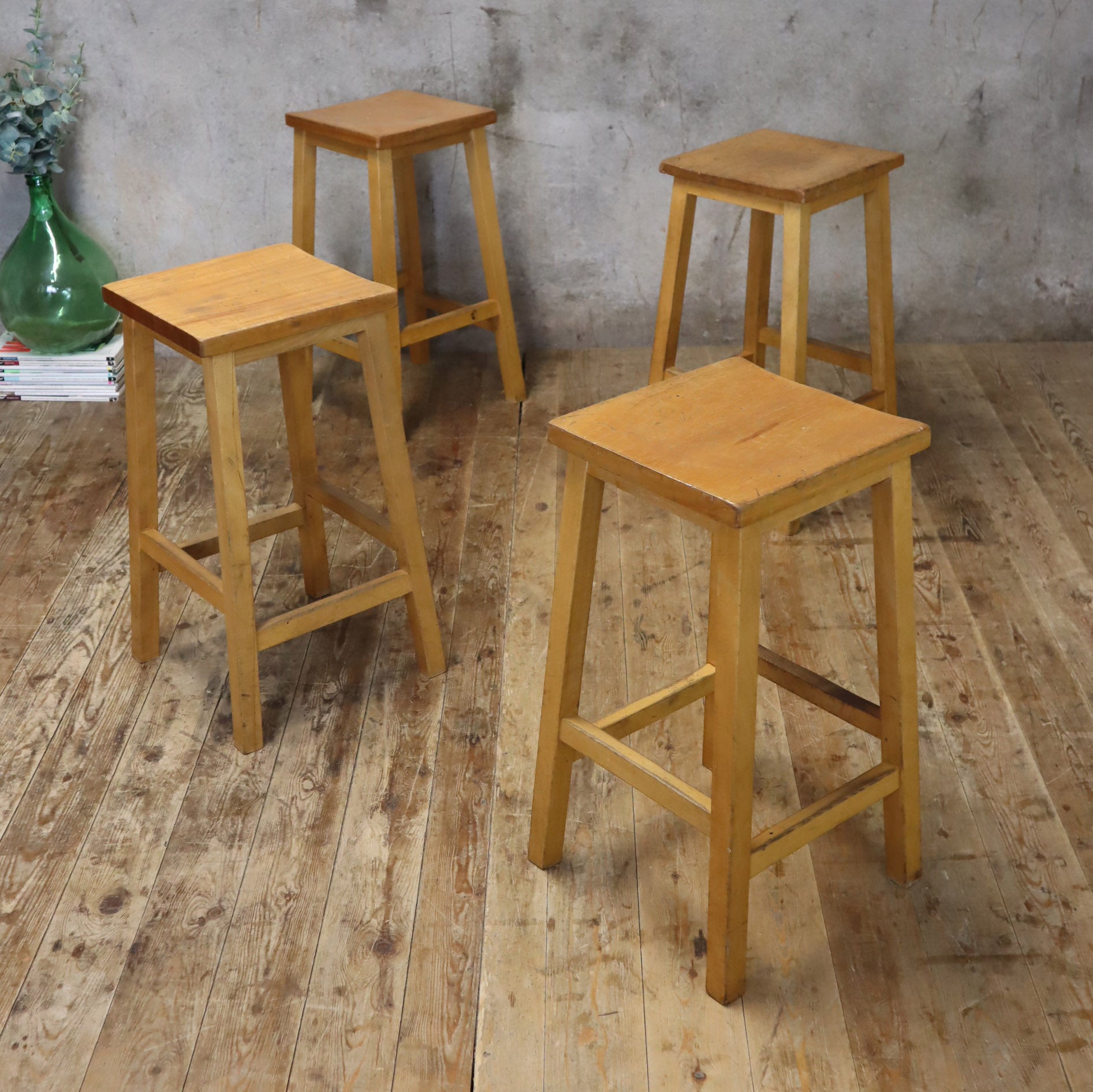 X4 (Four) Vintage School Wooden Lab Stools – 1401a – Mustard Vintage