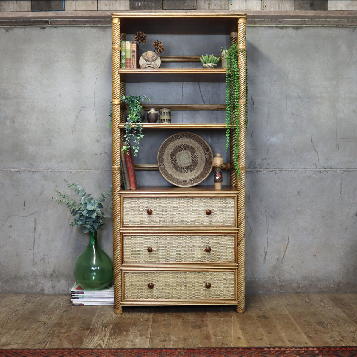 Vintage Bohemian Rattan Cane Drawers / Shelving Unit – 0804g – Mustard ...