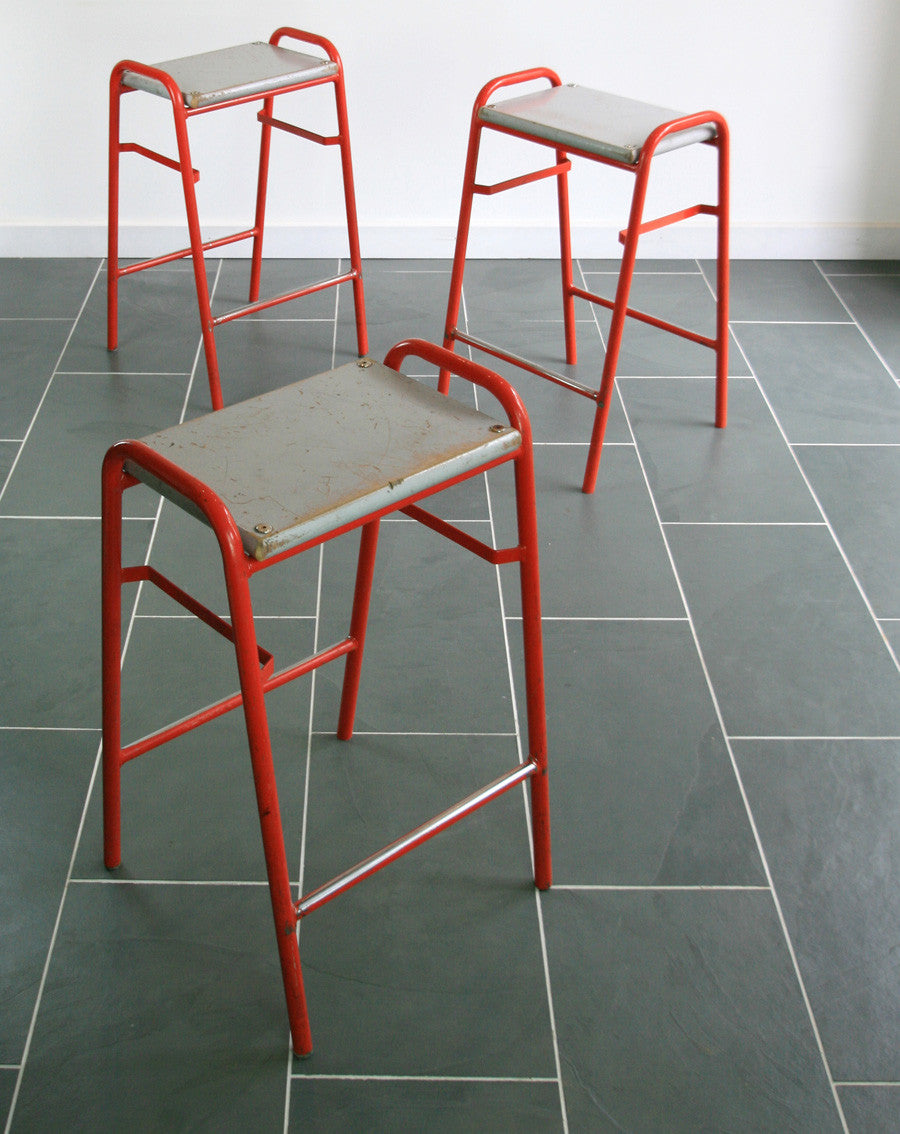 2 x Red Vintage School Laboratory Stacking Stools – Mustard Vintage