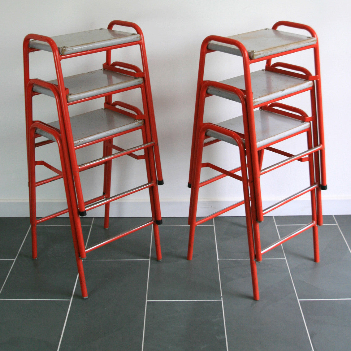 2 x Red Vintage School Laboratory Stacking Stools – Mustard Vintage
