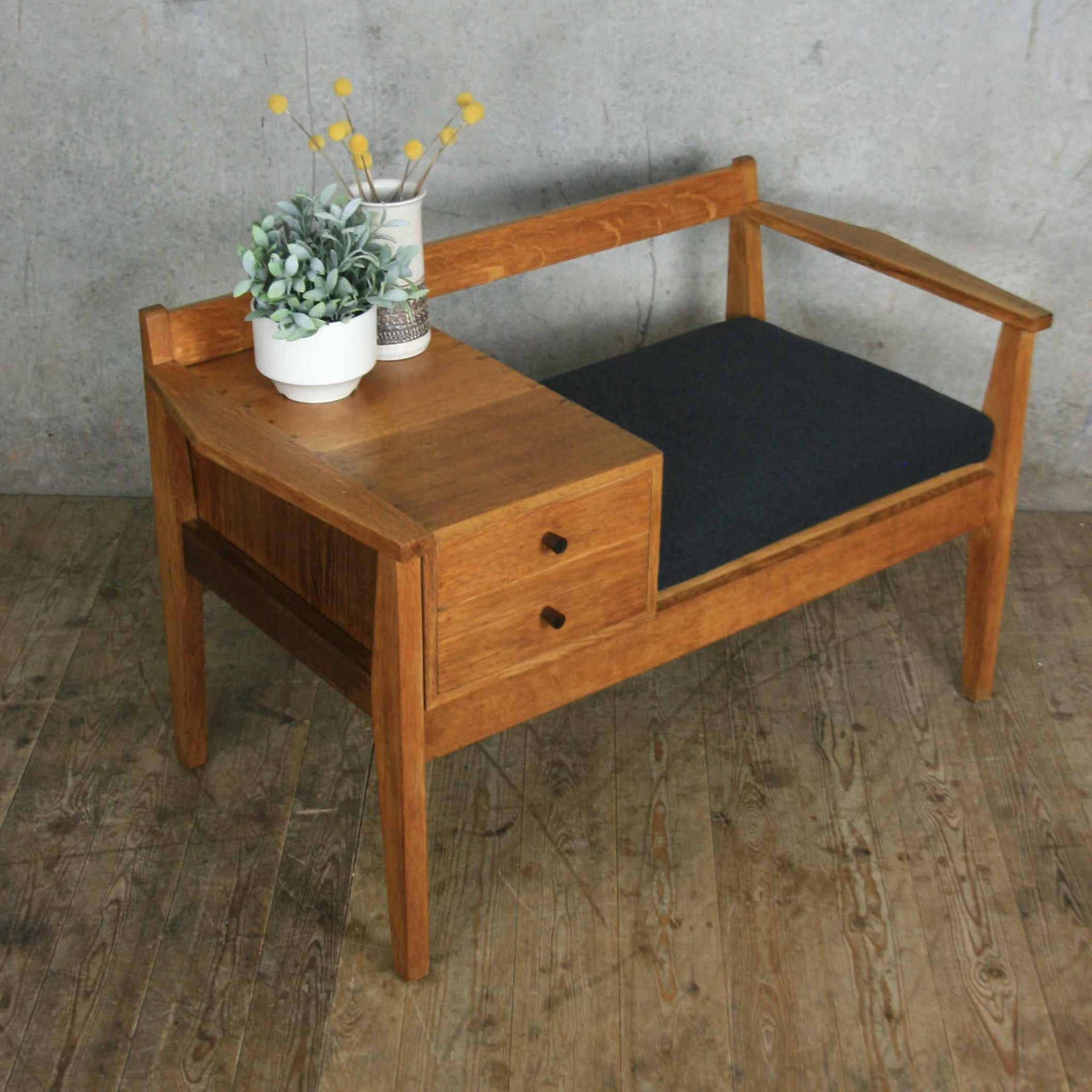 Mid Century Oak Telephone Seat – Mustard Vintage