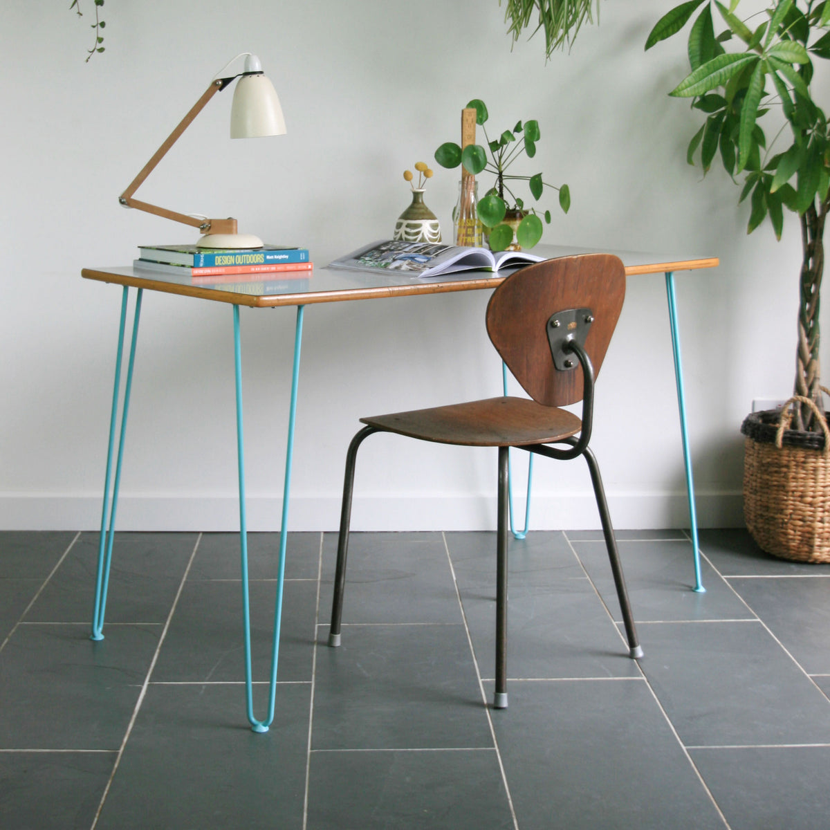 Reclaimed Hairpin Desk / Table - Grey Top/Blue Legs – Mustard Vintage