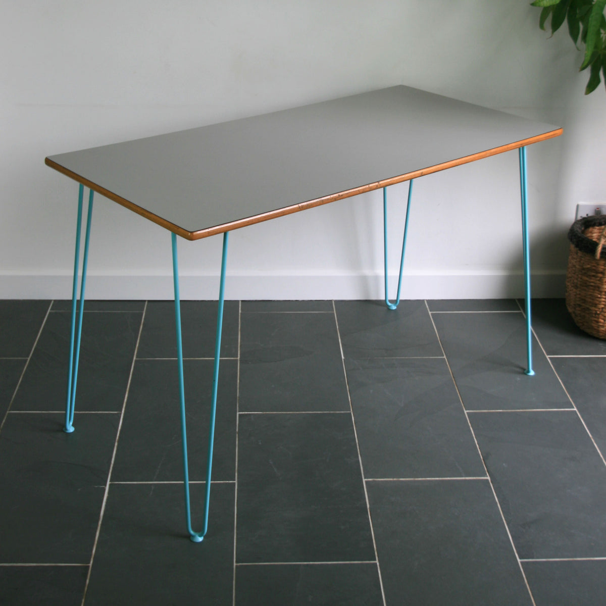 Reclaimed Hairpin Desk / Table - Grey Top/Blue Legs – Mustard Vintage